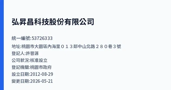 弘昇昌科技股份有限公司的照片-統編 53726333(桃園市) 公司登記資料與營業項目詳細圖表