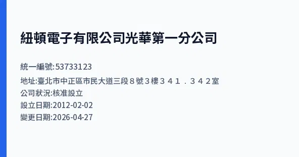 紐頓電子有限公司光華第一分公司的照片-統編 53733123(臺北市) 公司登記資料與營業項目詳細圖表