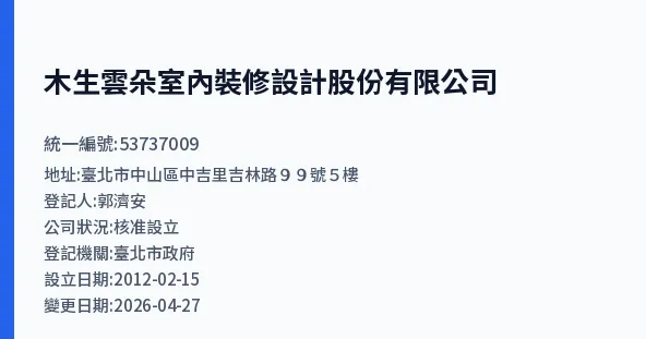 木生雲朵室內裝修設計股份有限公司的照片-統編 53737009(臺北市) 公司登記資料與營業項目詳細圖表