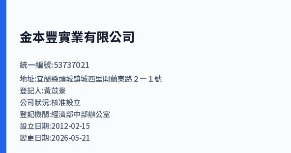 金本豐實業有限公司的照片-統編 53737021(宜蘭縣) 公司登記資料與營業項目詳細圖表