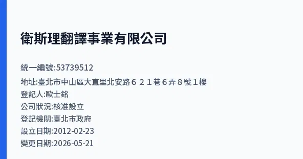 衛斯理翻譯事業有限公司的照片-統編 53739512(臺北市) 公司登記資料與營業項目詳細圖表