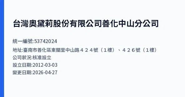 台灣奧黛莉股份有限公司善化中山分公司的照片-統編 53742024(臺南市) 公司登記資料與營業項目詳細圖表