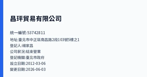 昌玶貿易有限公司的照片-統編 53742811(臺北市) 公司登記資料與營業項目詳細圖表