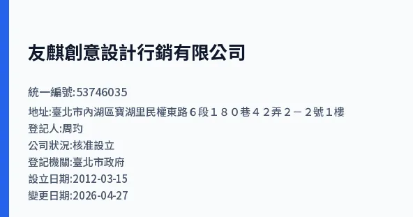 友麒創意設計行銷有限公司的照片-統編 53746035(臺北市) 公司登記資料與營業項目詳細圖表