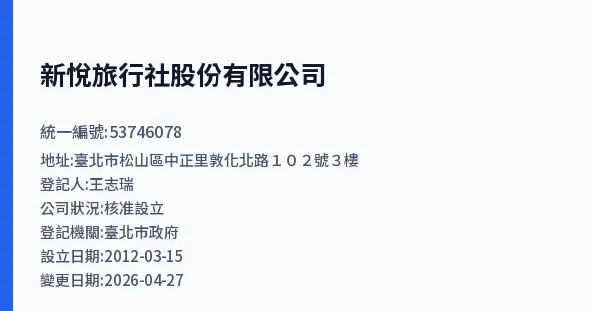 新悅旅行社股份有限公司的照片-統編 53746078(臺北市) 公司登記資料與營業項目詳細圖表