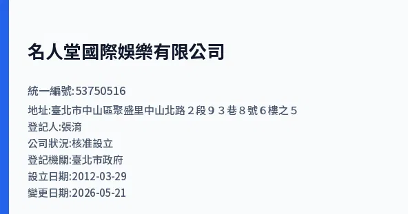 名人堂國際娛樂有限公司的照片-統編 53750516(臺北市) 公司登記資料與營業項目詳細圖表