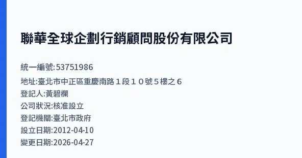 聯華全球企劃行銷顧問股份有限公司的照片-統編 53751986(臺北市) 公司登記資料與營業項目詳細圖表