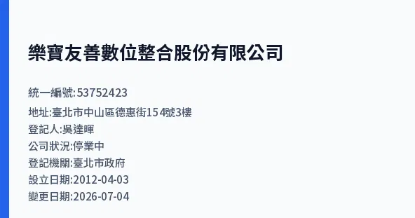 樂寶友善數位整合股份有限公司的照片-統編 53752423(臺北市) 公司登記資料與營業項目詳細圖表
