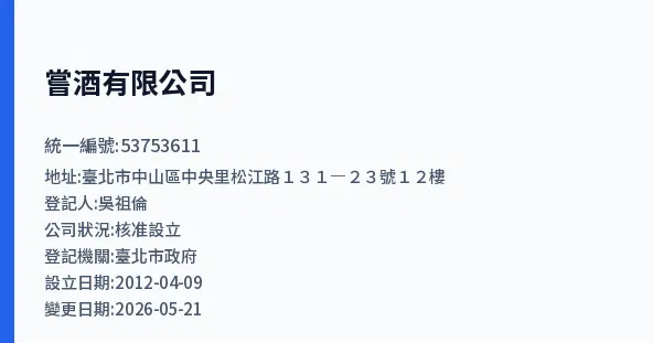 嘗酒有限公司的照片-統編 53753611(臺北市) 公司登記資料與營業項目詳細圖表