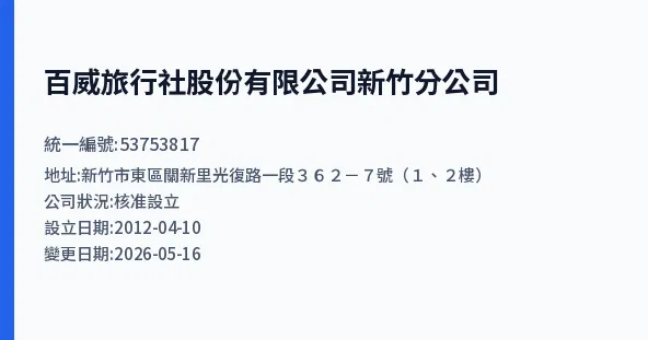 百威旅行社股份有限公司新竹分公司的照片-統編 53753817(新竹市) 公司登記資料與營業項目詳細圖表