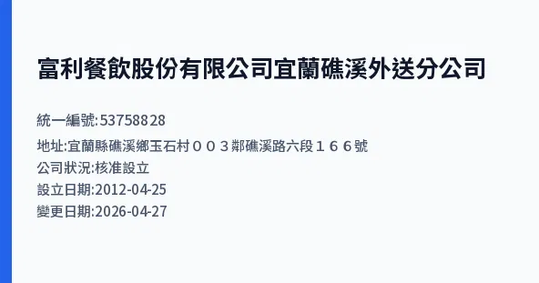 富利餐飲股份有限公司宜蘭礁溪外送分公司的照片-統編 53758828(宜蘭縣) 公司登記資料與營業項目詳細圖表