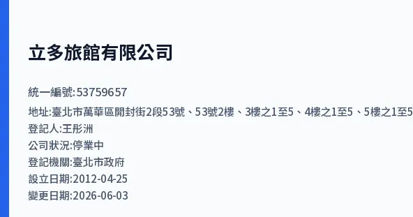 立多旅館有限公司的照片-統編 53759657(臺北市) 公司登記資料與營業項目詳細圖表