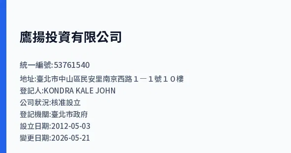 鷹揚投資有限公司的照片-統編 53761540(臺北市) 公司登記資料與營業項目詳細圖表