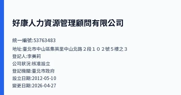 好康人力資源管理顧問有限公司的照片-統編 53763483(臺北市) 公司登記資料與營業項目詳細圖表