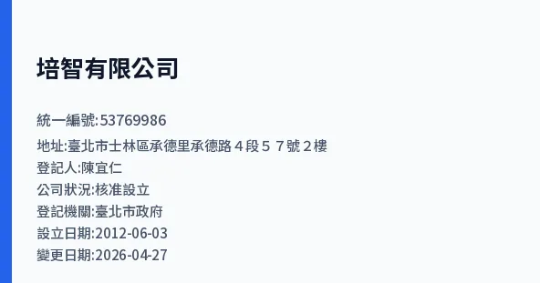 培智有限公司的照片-統編 53769986(臺北市) 公司登記資料與營業項目詳細圖表
