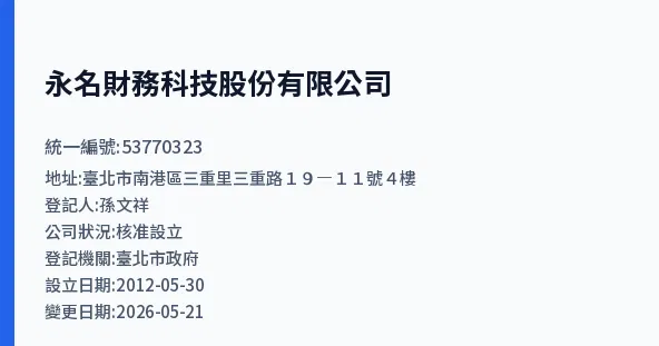 永名財務科技股份有限公司的照片-統編 53770323(臺北市) 公司登記資料與營業項目詳細圖表
