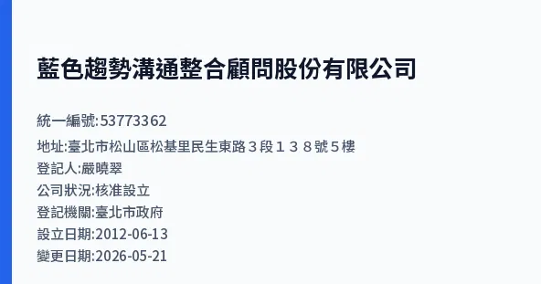 藍色趨勢溝通整合顧問股份有限公司的照片-統編 53773362(臺北市) 公司登記資料與營業項目詳細圖表