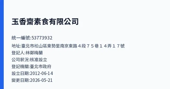 玉香齋素食有限公司的照片-統編 53773932(臺北市) 公司登記資料與營業項目詳細圖表