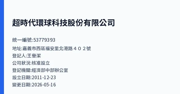 超時代環球科技股份有限公司的照片-統編 53779393(嘉義市) 公司登記資料與營業項目詳細圖表