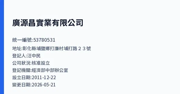 廣源昌實業有限公司的照片-統編 53780531(彰化縣) 公司登記資料與營業項目詳細圖表