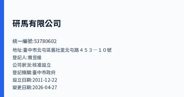 研馬有限公司的照片-統編 53780602(臺中市) 公司登記資料與營業項目詳細圖表