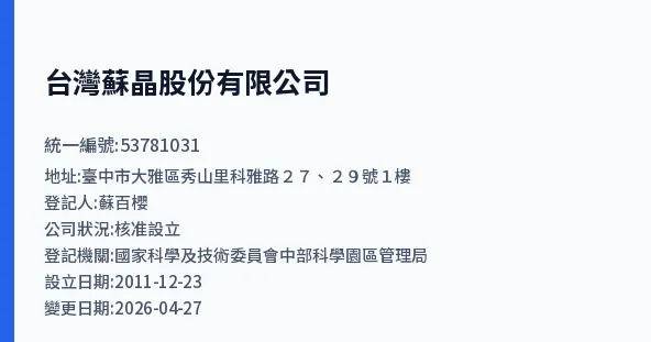 台灣蘇晶股份有限公司的照片-統編 53781031(臺中市) 公司登記資料與營業項目詳細圖表