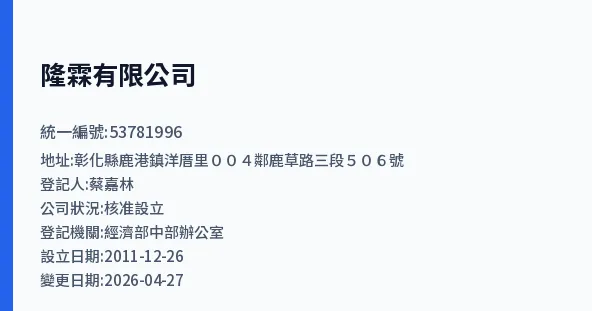 隆霖有限公司的照片-統編 53781996(彰化縣) 公司登記資料與營業項目詳細圖表