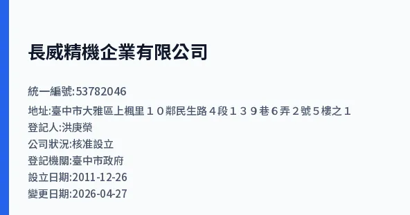 長威精機企業有限公司的照片-統編 53782046(臺中市) 公司登記資料與營業項目詳細圖表