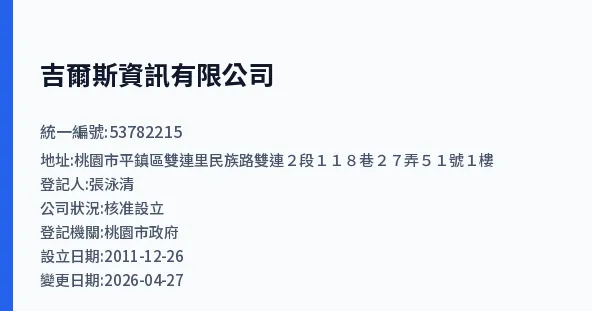 吉爾斯資訊有限公司的照片-統編 53782215(桃園市) 公司登記資料與營業項目詳細圖表