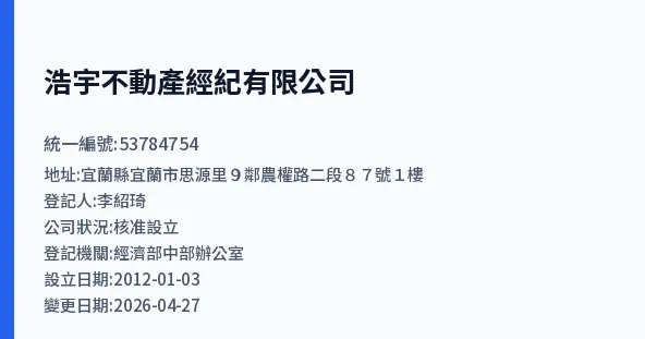 浩宇不動產經紀有限公司的照片-統編 53784754(宜蘭縣) 公司登記資料與營業項目詳細圖表