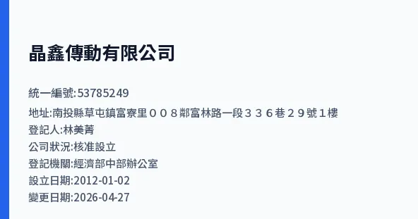 晶鑫傳動有限公司的照片-統編 53785249(南投縣) 公司登記資料與營業項目詳細圖表