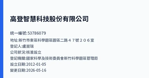 高登智慧科技股份有限公司的照片-統編 53786079(新竹市) 公司登記資料與營業項目詳細圖表
