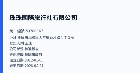 珠珠國際旅行社有限公司的照片-統編 53786367(桃園市) 公司登記資料與營業項目詳細圖表