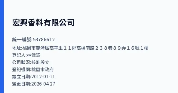宏興香料有限公司的照片-統編 53786612(桃園市) 公司登記資料與營業項目詳細圖表