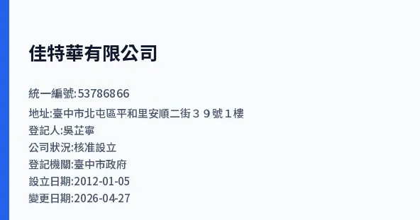 佳特華有限公司的照片-統編 53786866(臺中市) 公司登記資料與營業項目詳細圖表