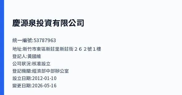 慶源泉投資有限公司的照片-統編 53787963(新竹市) 公司登記資料與營業項目詳細圖表