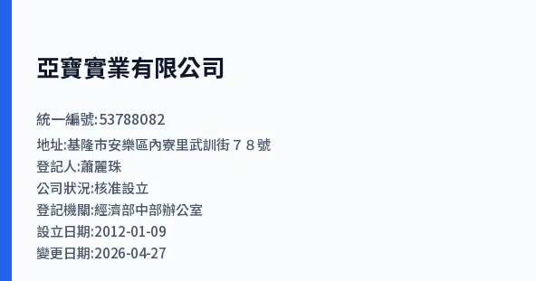 亞寶實業有限公司的照片-統編 53788082(基隆市) 公司登記資料與營業項目詳細圖表