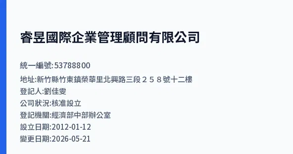 睿昱國際企業管理顧問有限公司的照片-統編 53788800(新竹縣) 公司登記資料與營業項目詳細圖表