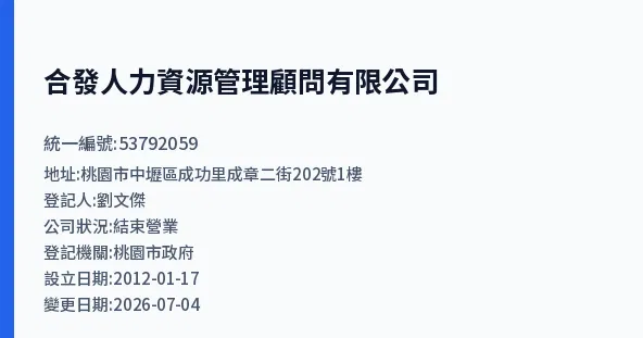 合發人力資源管理顧問有限公司的照片-統編 53792059(桃園市) 公司登記資料與營業項目詳細圖表