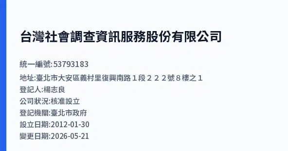 台灣社會調查資訊服務股份有限公司的照片-統編 53793183(臺北市) 公司登記資料與營業項目詳細圖表