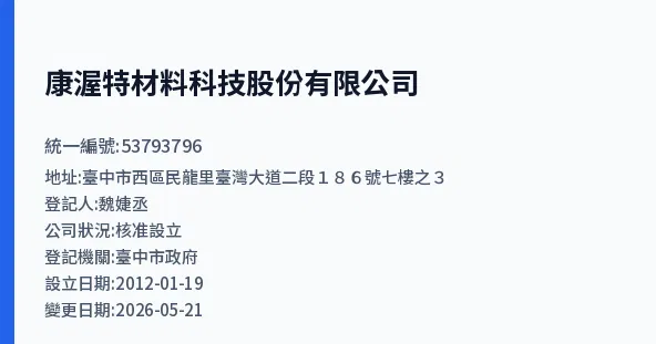 康渥特材料科技股份有限公司的照片-統編 53793796(臺中市) 公司登記資料與營業項目詳細圖表
