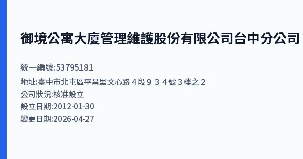 御境公寓大廈管理維護股份有限公司台中分公司的照片-統編 53795181(臺中市) 公司登記資料與營業項目詳細圖表