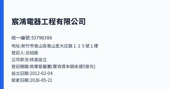 宸鴻電器工程有限公司的照片-統編 53796386(新竹市) 公司登記資料與營業項目詳細圖表