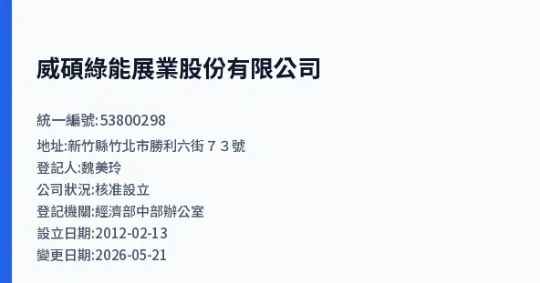 威碩綠能展業股份有限公司的照片-統編 53800298(新竹縣) 公司登記資料與營業項目詳細圖表