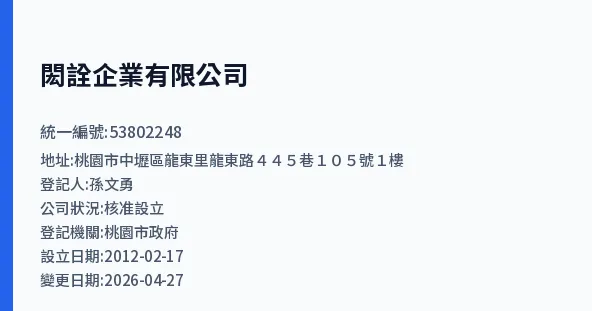 閎詮企業有限公司的照片-統編 53802248(桃園市) 公司登記資料與營業項目詳細圖表