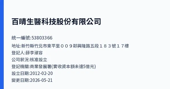 百晴生醫科技股份有限公司的照片-統編 53803366(新竹縣) 公司登記資料與營業項目詳細圖表