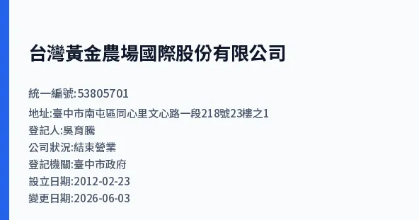 台灣黃金農場國際股份有限公司的照片-統編 53805701(臺中市) 公司登記資料與營業項目詳細圖表