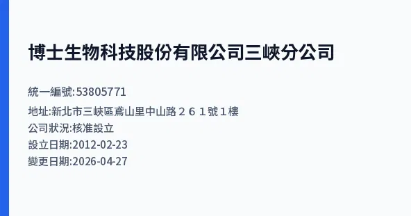 博士生物科技股份有限公司三峽分公司的照片-統編 53805771(新北市) 公司登記資料與營業項目詳細圖表