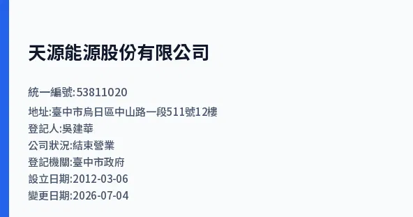 天源能源股份有限公司的照片-統編 53811020(臺中市) 公司登記資料與營業項目詳細圖表