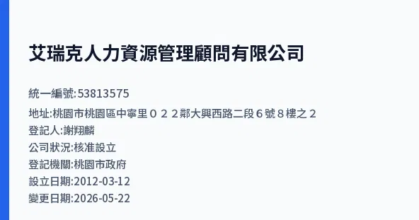 艾瑞克人力資源管理顧問有限公司的照片-統編 53813575(桃園市) 公司登記資料與營業項目詳細圖表
